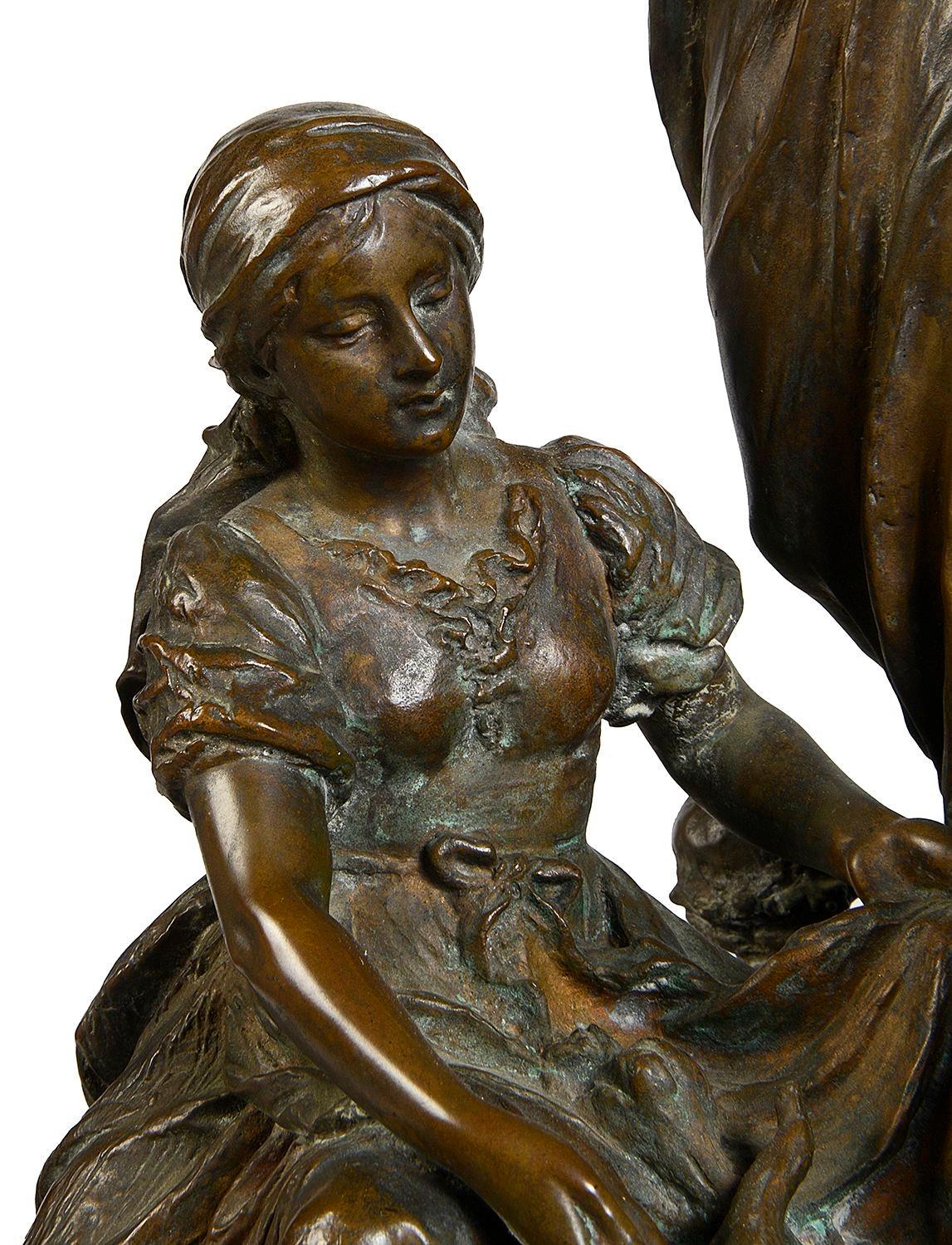 Fortuna Bestowing Gifts to Two Workers by J.Benk bronze group, 1900 For ...