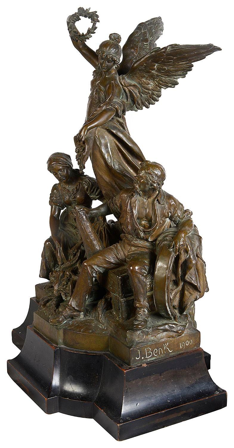 Fortuna Bestowing Gifts to Two Workers by J.Benk bronze group, 1900 For ...