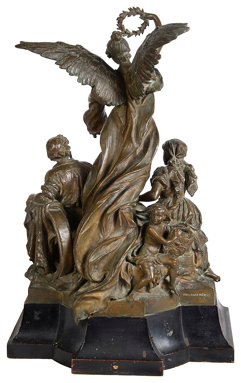 Fortuna Bestowing Gifts to Two Workers by J.Benk bronze group, 1900 For ...