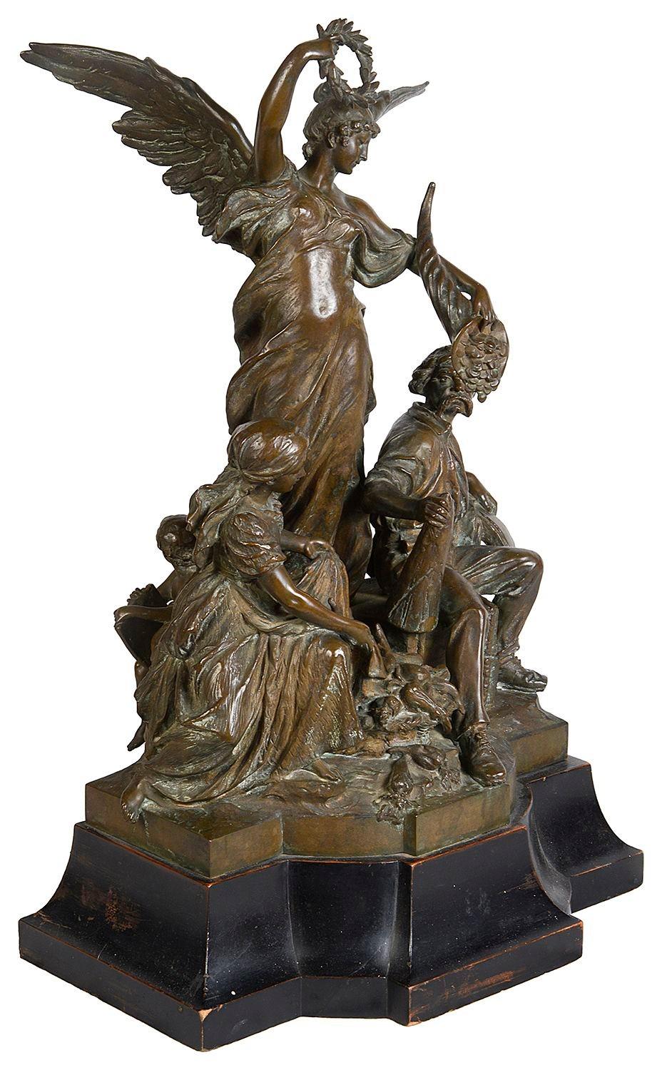 Fortuna Bestowing Gifts to Two Workers by J.Benk bronze group, 1900 For ...