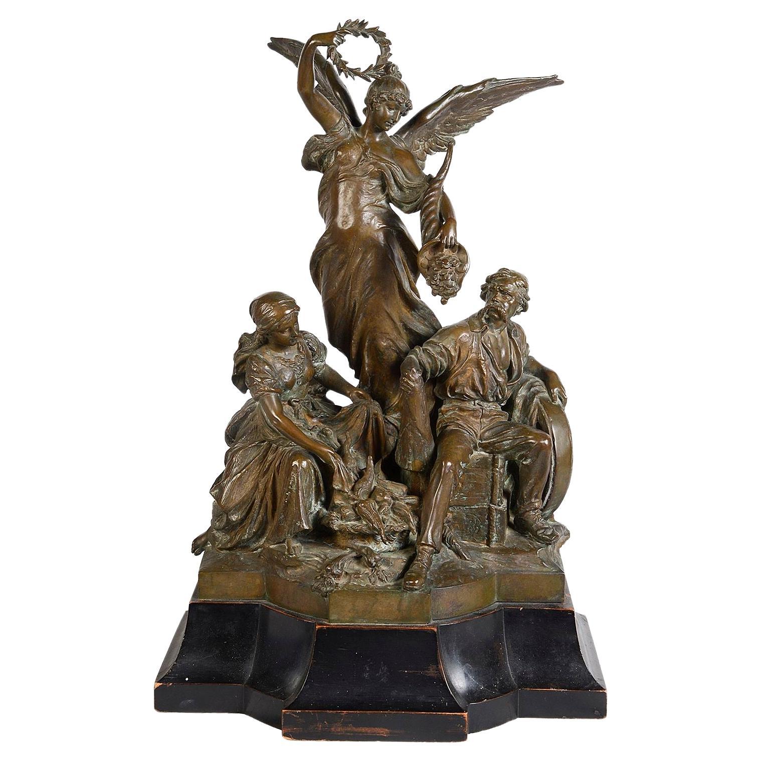 Fortuna Bestowing Gifts to Two Workers by J.Benk bronze group, 1900 For ...