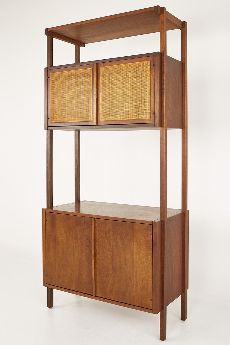 Founders Style MCM Walnut Cane Front Freestanding Wall Unit Section ...