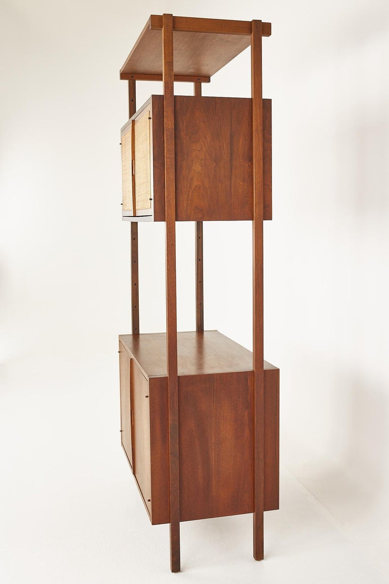 Founders Style MCM Walnut Cane Front Freestanding Wall Unit Section ...