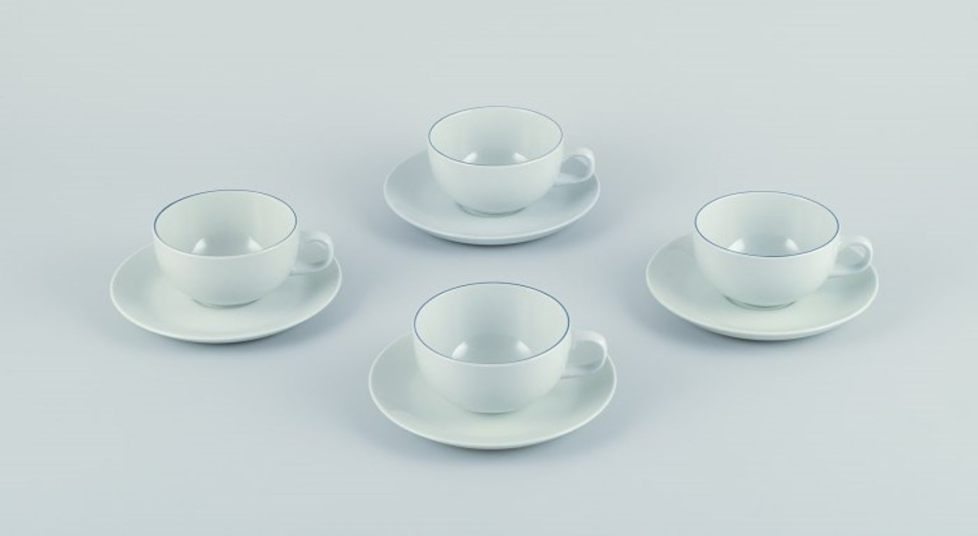 Four Aluminia/Royal Copenhagen blue line coffee cups and saucers. For ...