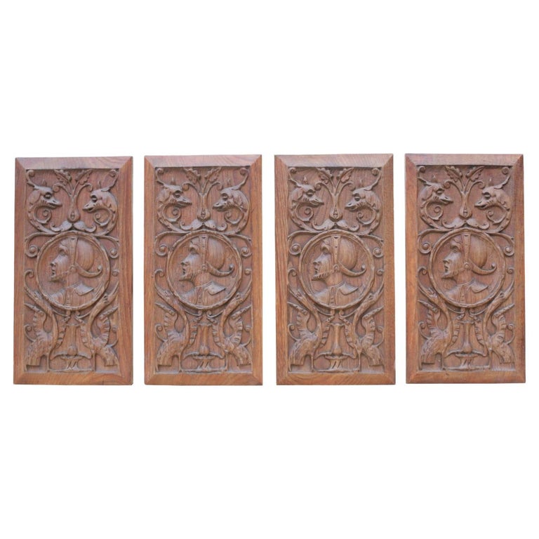 Four Antique Carved Oak Panels Depicting Figures Period Costume For ...