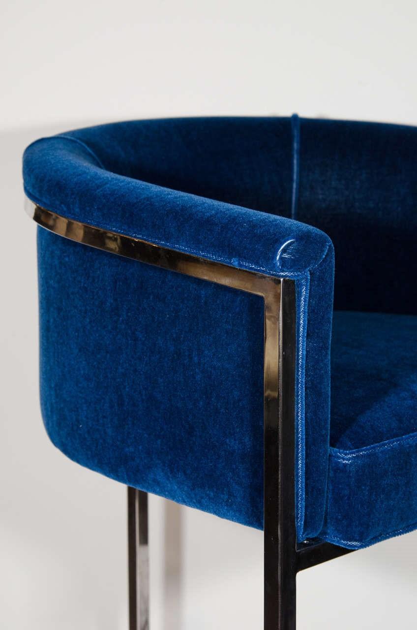 Four Blue Velvet Modernist Luxe Bar Stools in the Style of Milo ...