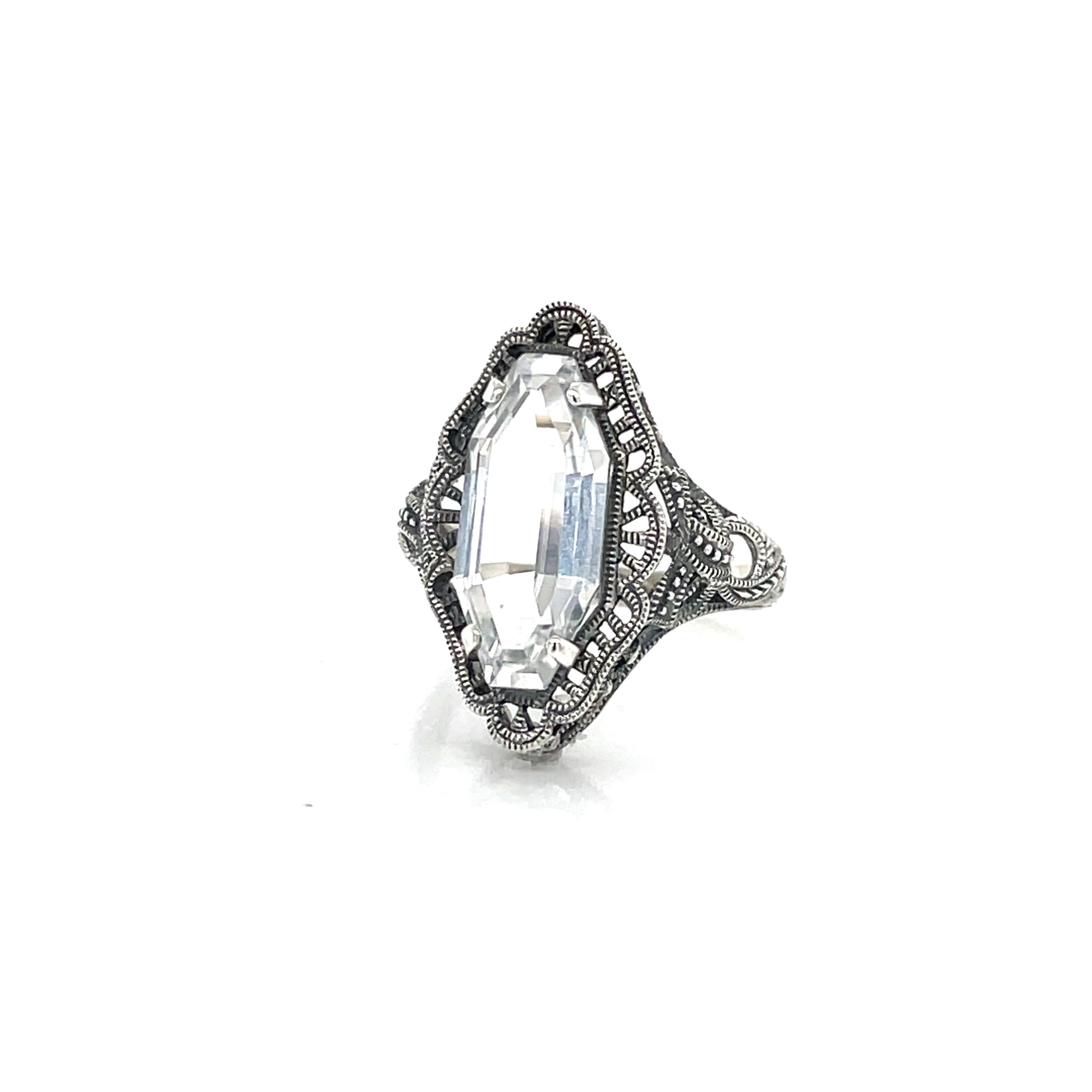 Four Carat Sky Blue Topaz Sterling Silver Filigree Art Deco Style Ring