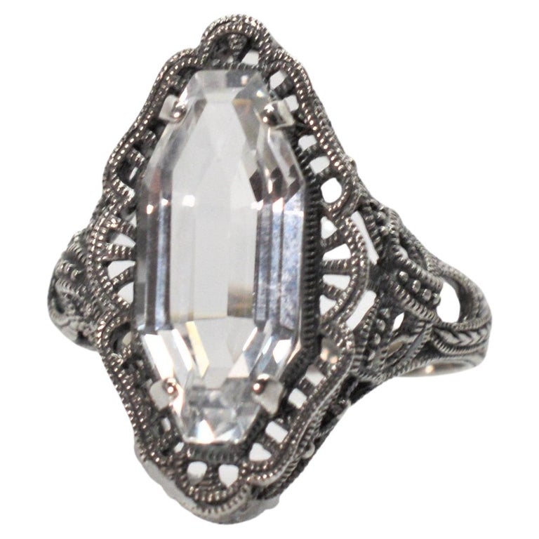 Four Carat White Topaz Art Deco Style Sterling Silver Filigree Ring For ...