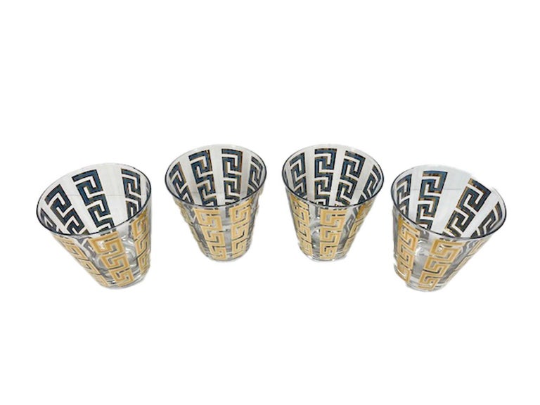 Four Culver LTD 22k Gold and Blue Enamel Greek Key Double Old Fashion ...