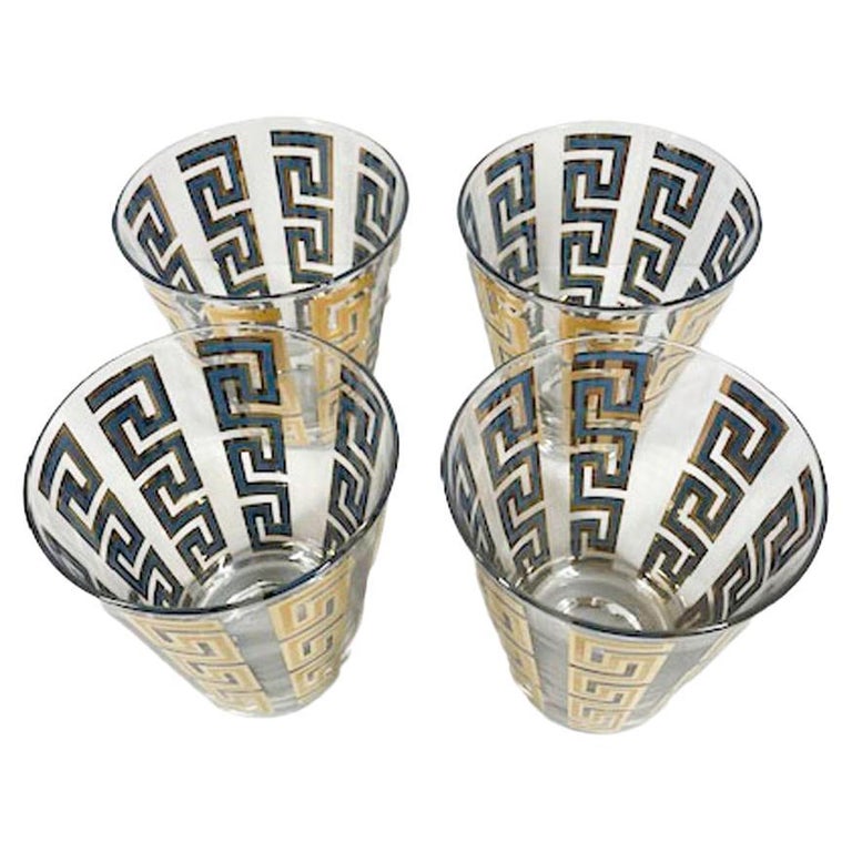 Four Culver LTD 22k Gold and Blue Enamel Greek Key Double Old Fashion ...