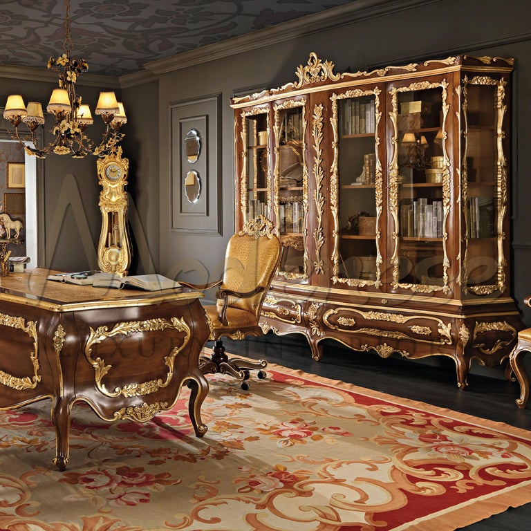 Four Door Bookcase with Gold Leaf, Baroque in Solid Wood, Modenese ...