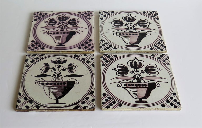 Four Dutch Delft Earthenware Tiles Manganese Hand Painted Flower Bowls ...