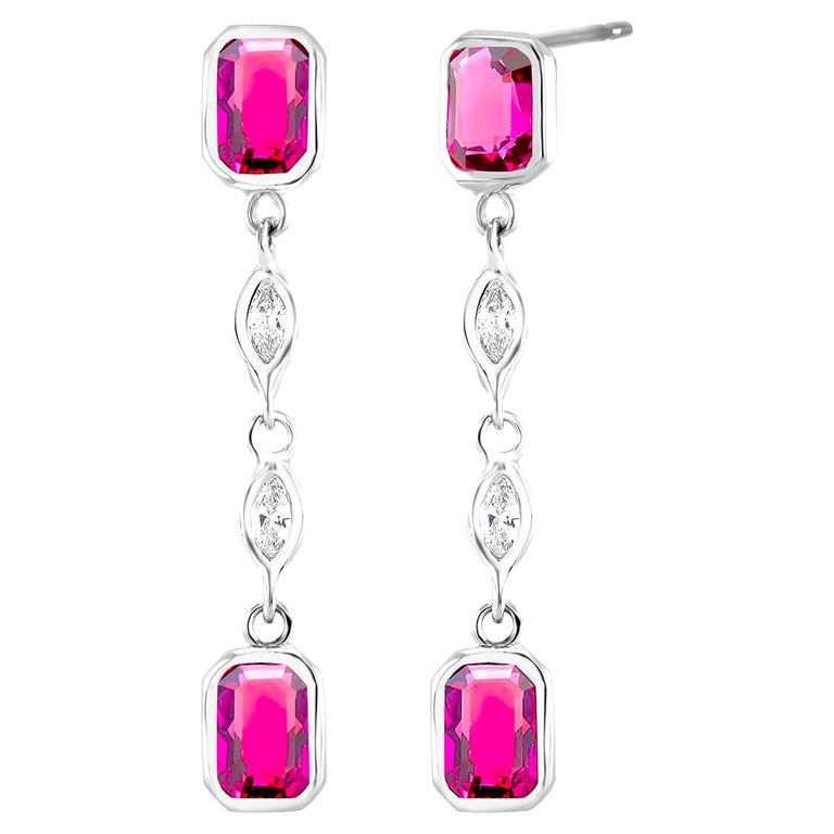 Four Emerald Shaped Burma Ruby and Four Marquise Diamond Drop Dangle ...