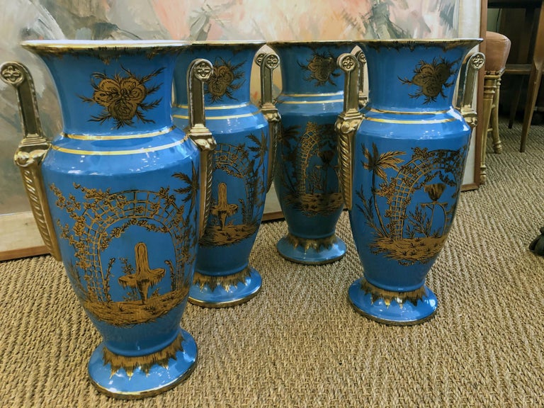 Four Empire Style Cerulean-Glazed Porcelain Vases with Chinoiserie ...