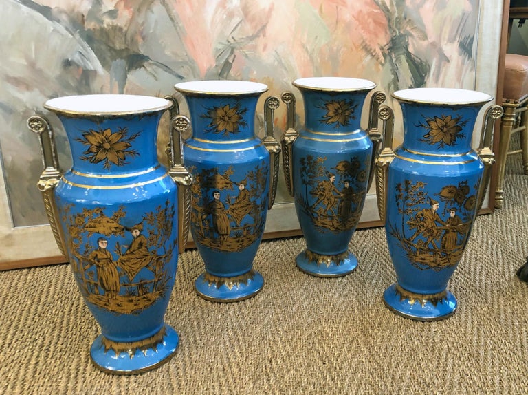 Four Empire Style Cerulean-Glazed Porcelain Vases with Chinoiserie ...
