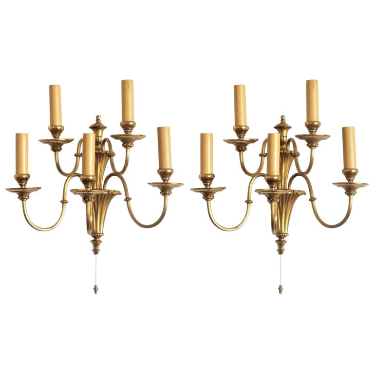 Four English Victorian Style Brass Five-Light Electrified Wall Sconces ...