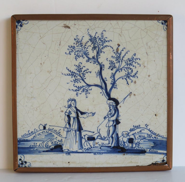 Four fine early Delft Blue and White Wall Tiles in Copper frames, Ca ...
