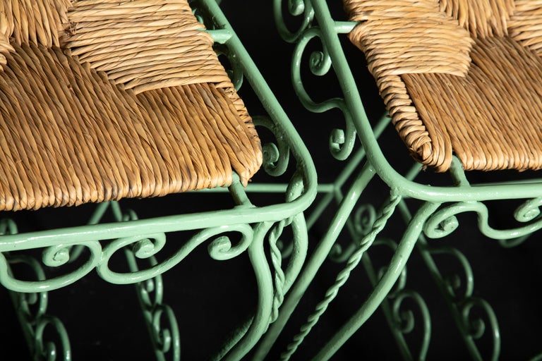 Four Green Painted Metal Bar Stools with Intricate Metal Work For Sale ...