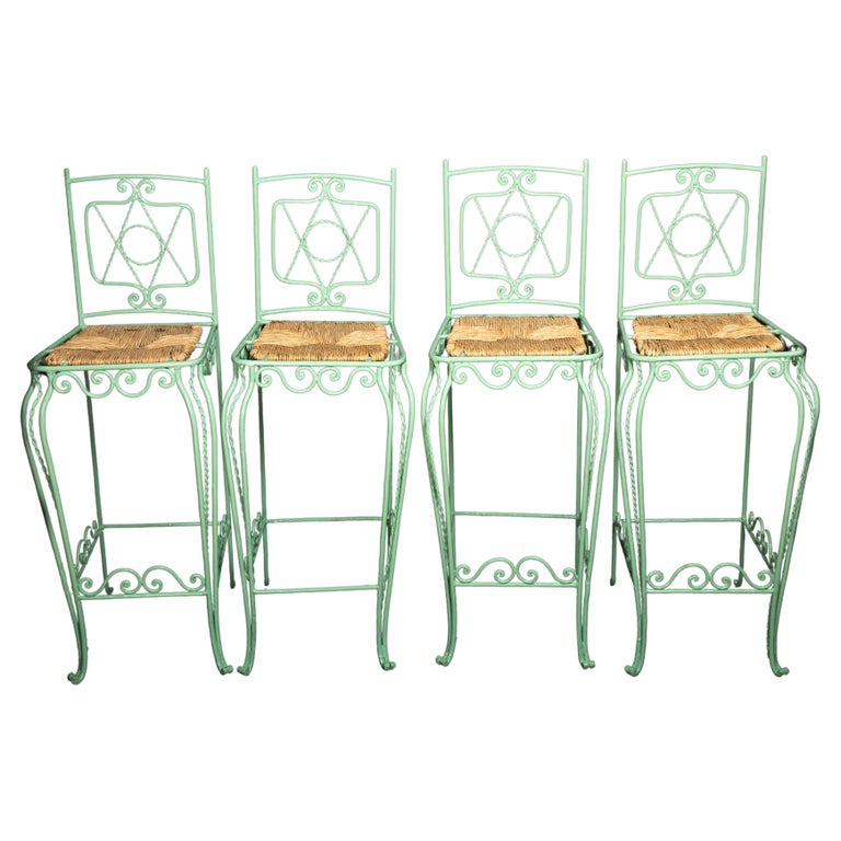 Four Green Painted Metal Bar Stools with Intricate Metal Work For Sale ...
