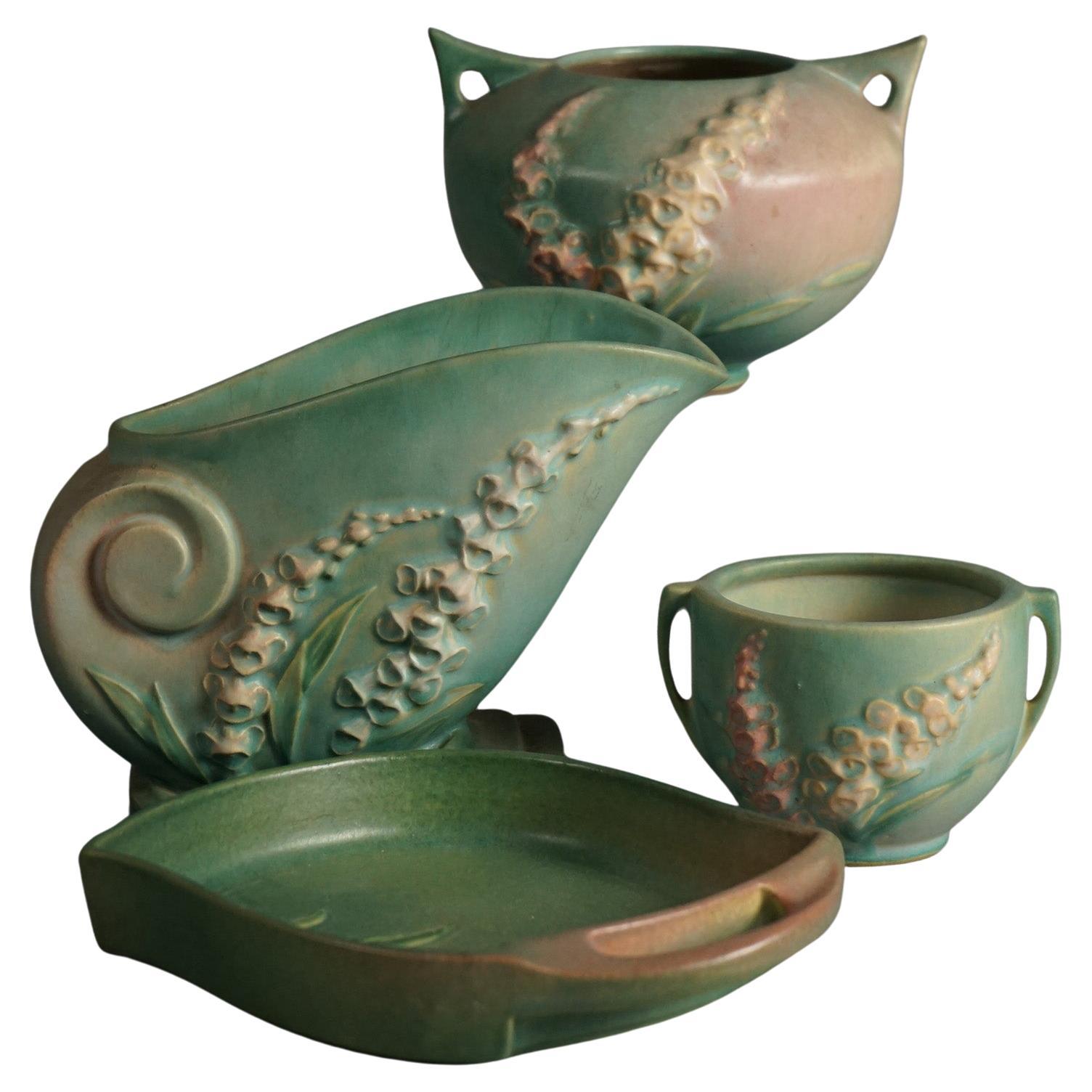 Four Green Roseville Art Pottery Items in Foxglove Pattern Mid 20thC ...