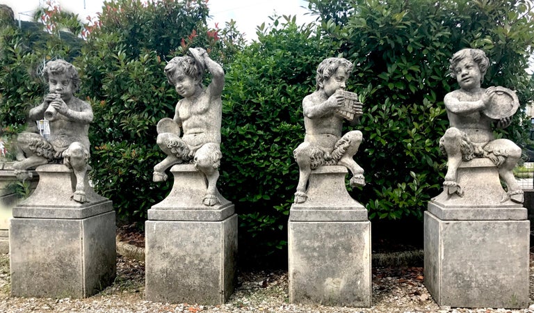 Four Italian Fauns Stone Garden Statues Representing Musicians For Sale ...