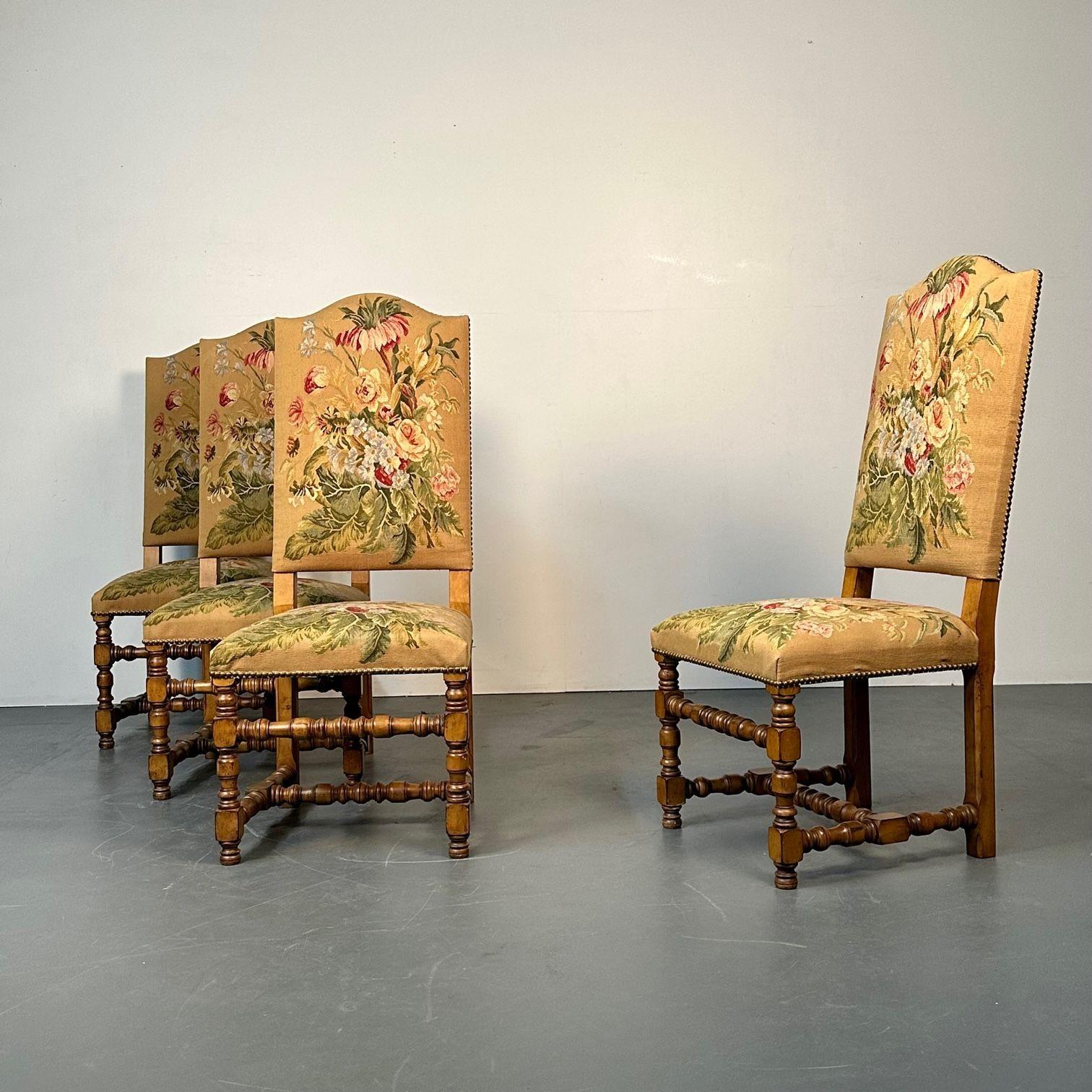 Four Jacobean Style Side / Dining Chairs, Needlepoint Fabric, Fruitwood ...