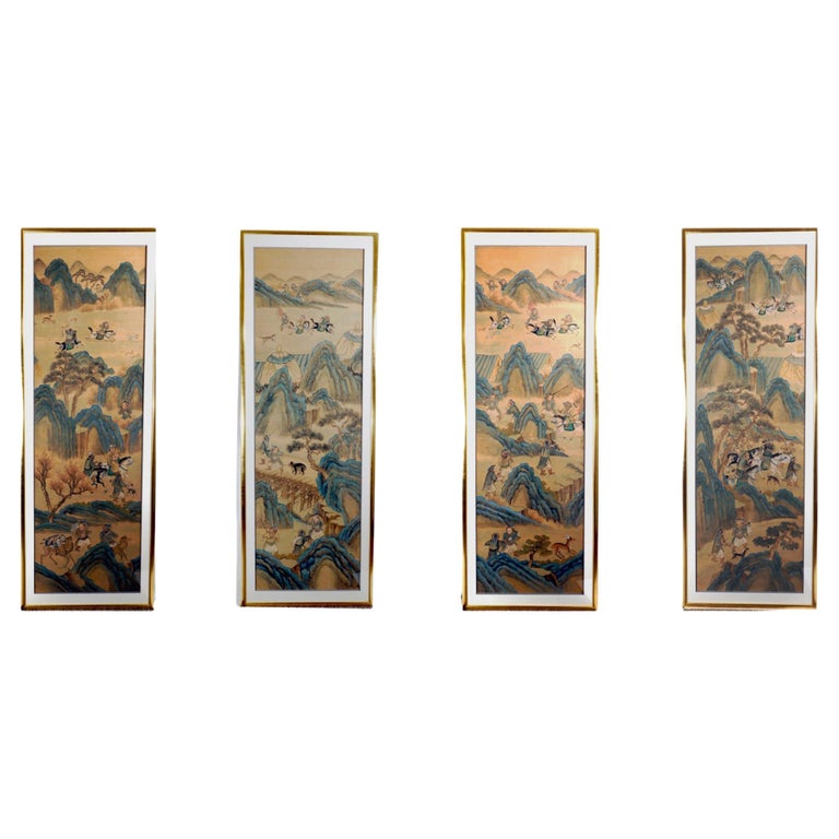 Four Large Chinese Ink Paintings on Silk with Huntsmen For Sale at 1stDibs