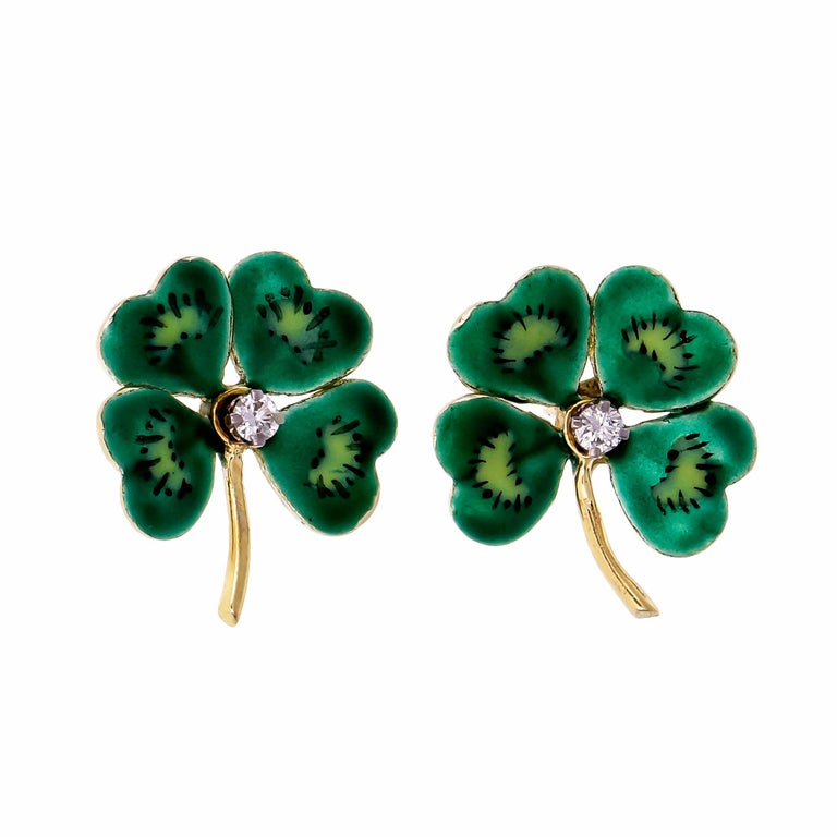 Four -Leaf Clover Diamond Green Enamel Earrings at 1stDibs | four leaf ...