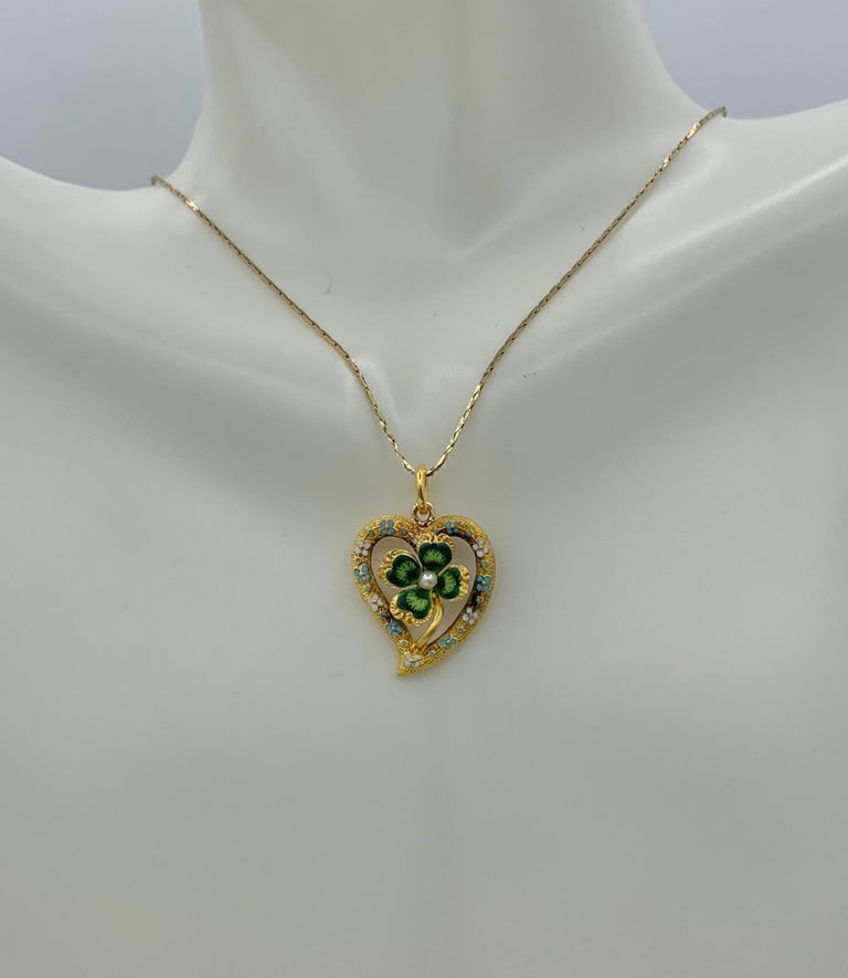 Four Leaf Clover Heart Flower Enamel Pendant Necklace Victorian Good ...