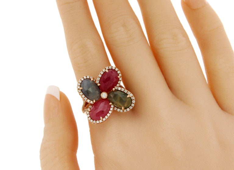 Four-Leaf Rose Cut Multi-Color Sapphires and Diamonds 14 Karat Rose ...