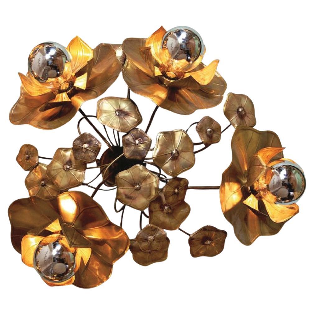 French Floral Flower Bouquet Wall or Ceiling Light Fixture in Gilt Iron ...