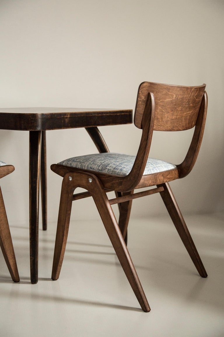 Four Midcentury White Blue Linen Boomerang Chairs, Dark Wood, Poland ...