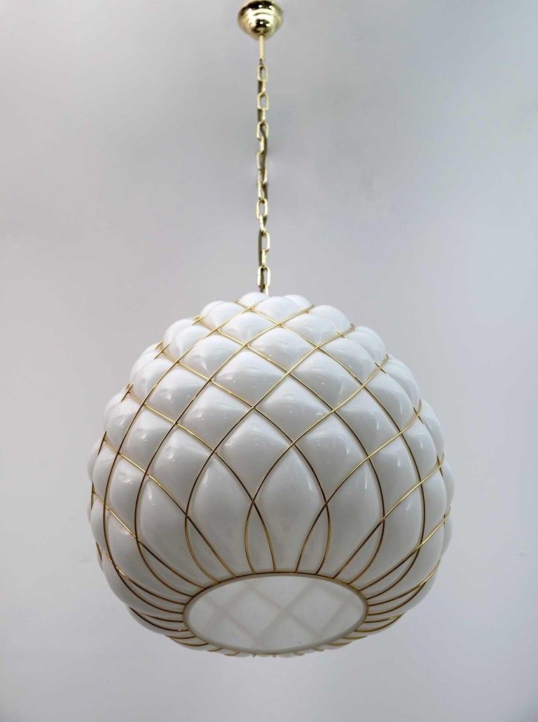 Four Modern Brass and Caged Murano Glass Large Pendant Lamps by Fontana ...