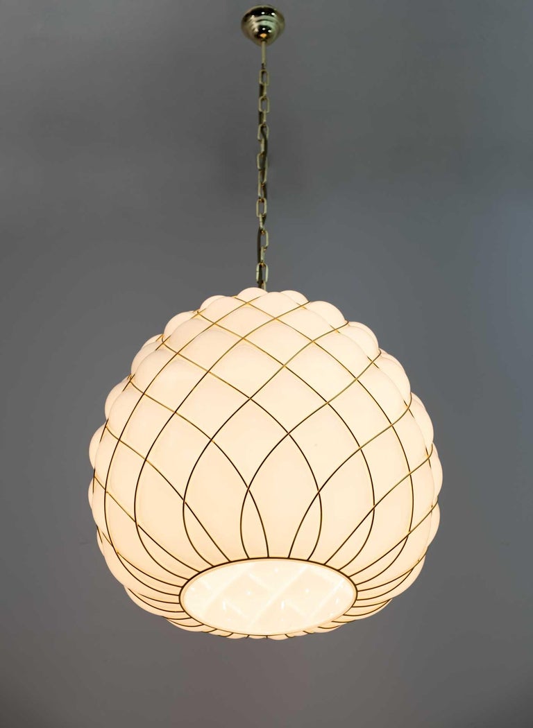 Four Modern Brass and Caged Murano Glass Large Pendant Lamps by Fontana ...