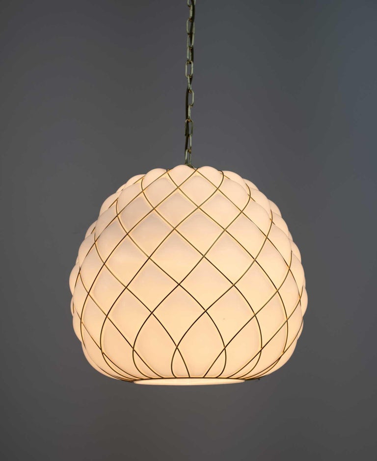 Four Modern Brass and Caged Murano Glass Large Pendant Lamps by Fontana ...