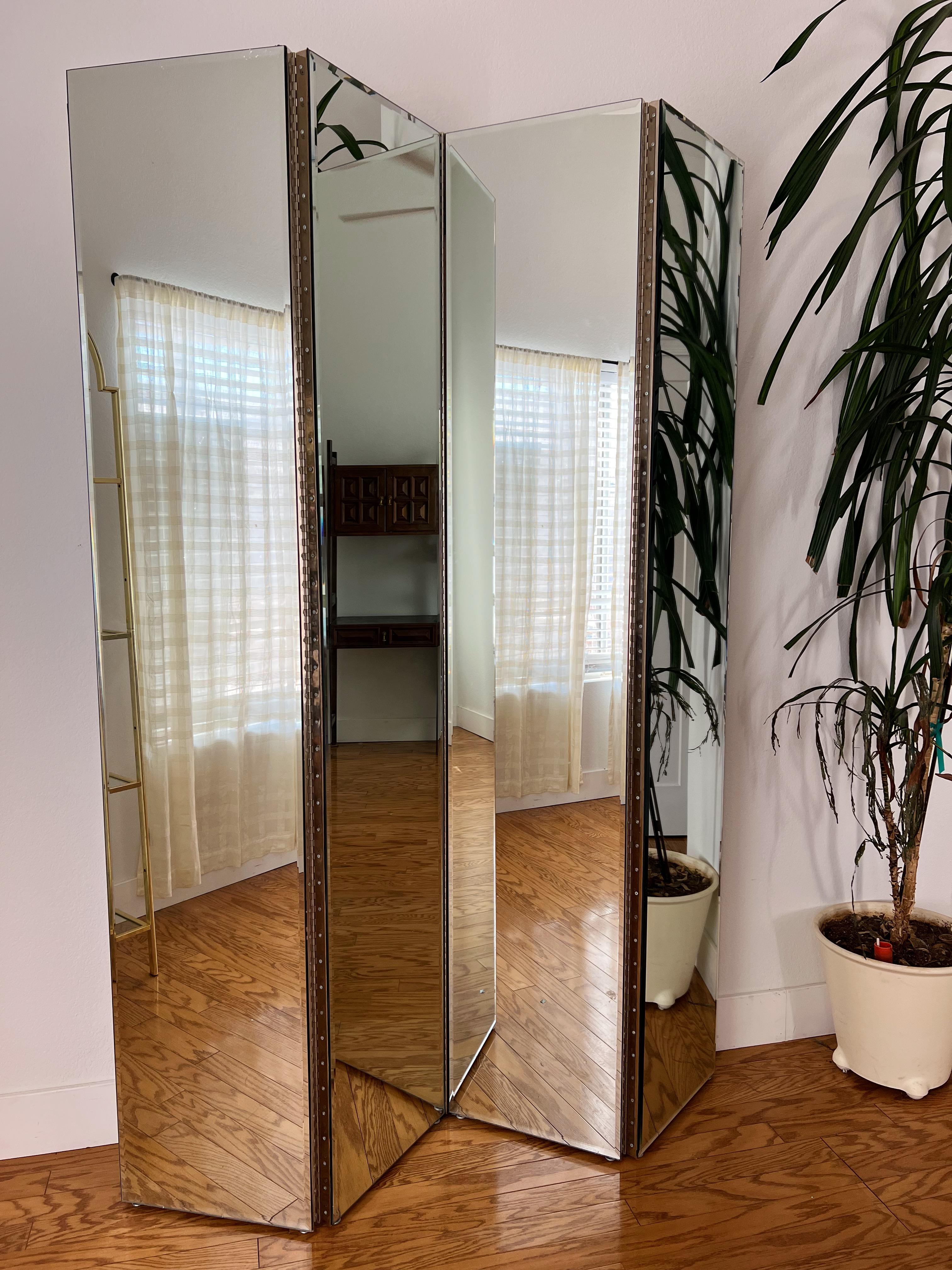 Four Panel Beveled Mirror Room Divider at 1stDibs