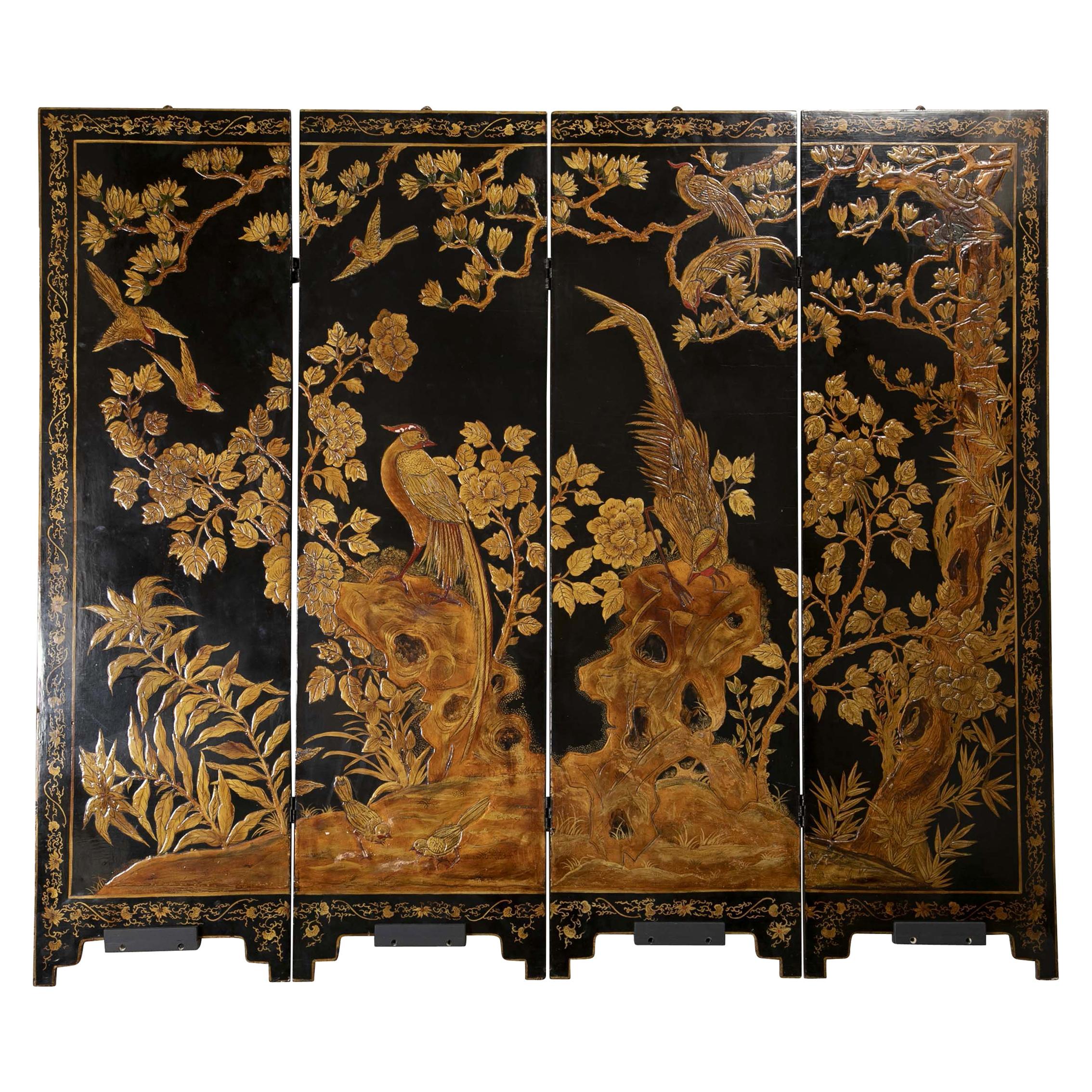 Four Panel Chinese Lacquered Screen Depicting a Phoenix at 1stDibs