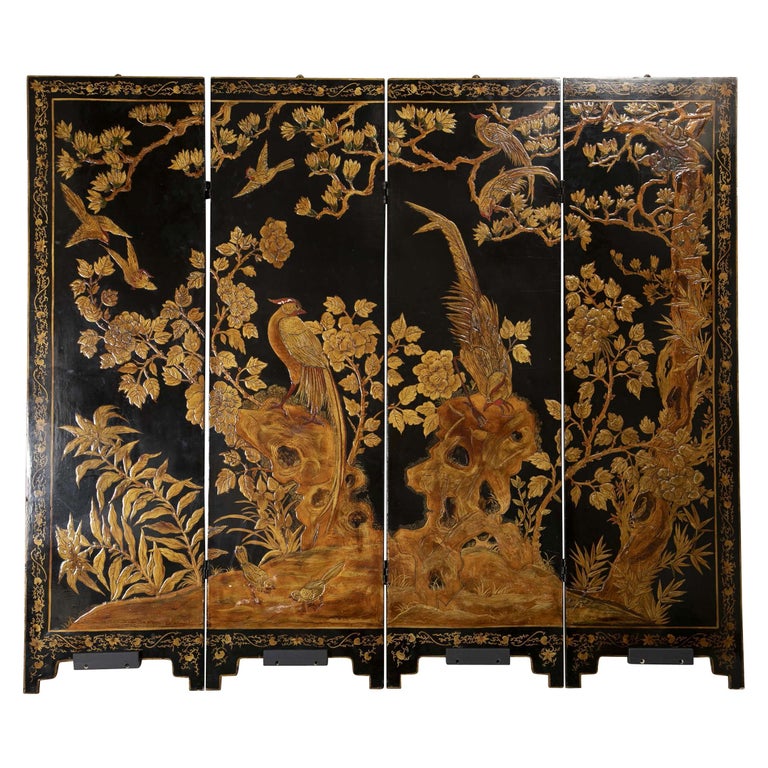Four Panel Chinese Lacquered Screen Depicting a Phoenix at 1stDibs
