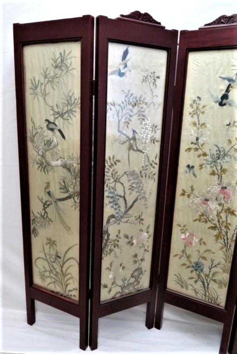 Four Panel Chinese Silk Embroidered Screen, Believed to Be Late Qing ...