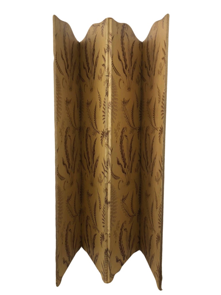Four-Panel French Room Divider with Silk Neutral Colored Fabric and a ...