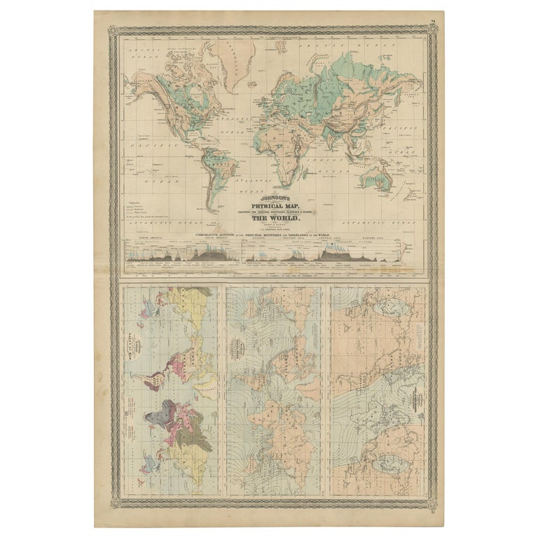 Four Physical Maps of the World on One Sheet by Johnson, 1872 For Sale ...