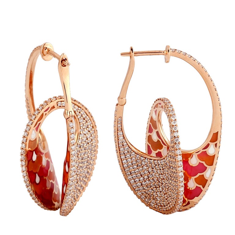 Four Sided Hoop in 18k Rose gold with VS Pave Diamonds and Cherry Color ...