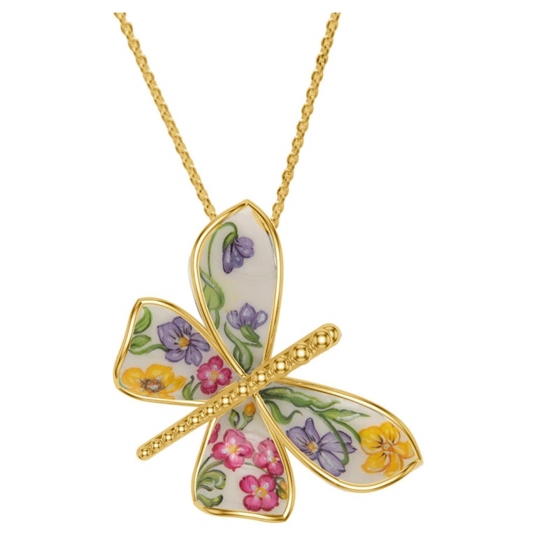Four wings 18kt gold necklace big Butterfly Flora with floral miniature ...