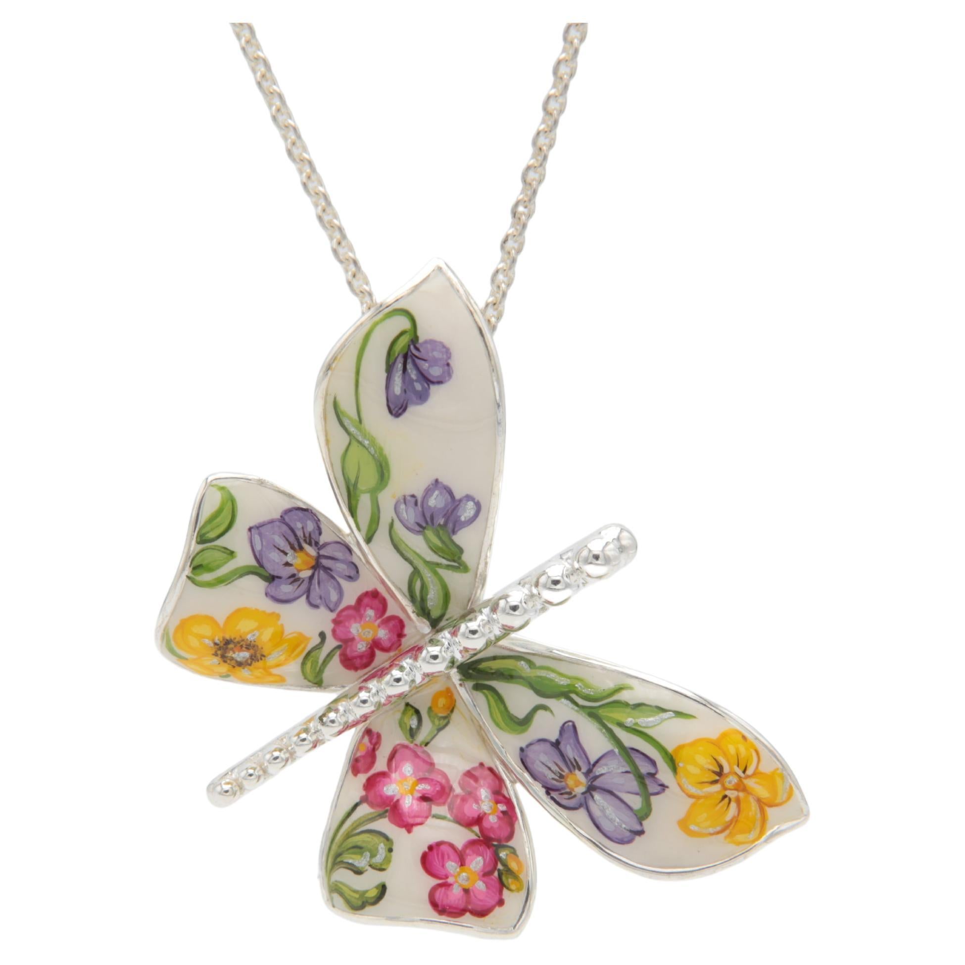Four wings 18kt gold necklace big Butterfly Flora with floral miniature ...