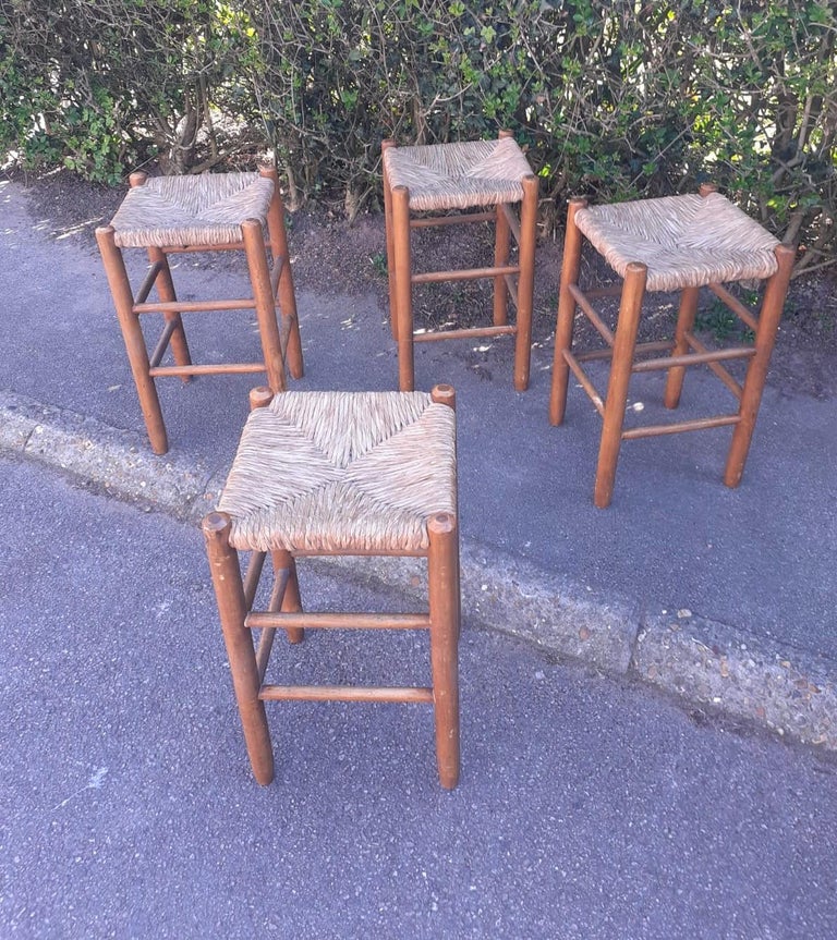 Four Wood and Straw High Stools For Sale at 1stDibs