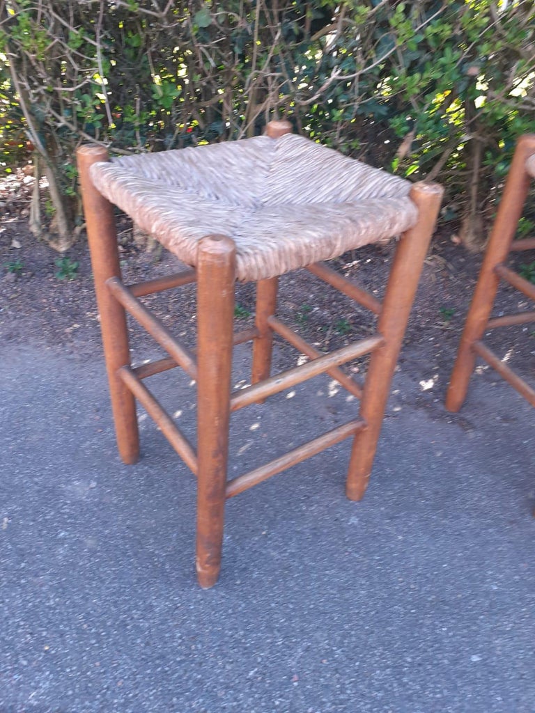 Four Wood and Straw High Stools For Sale at 1stDibs