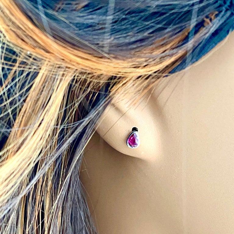 Fourteen Karat White Gold Tiny Pear Shape Burma Ruby Bezel Set Stud ...