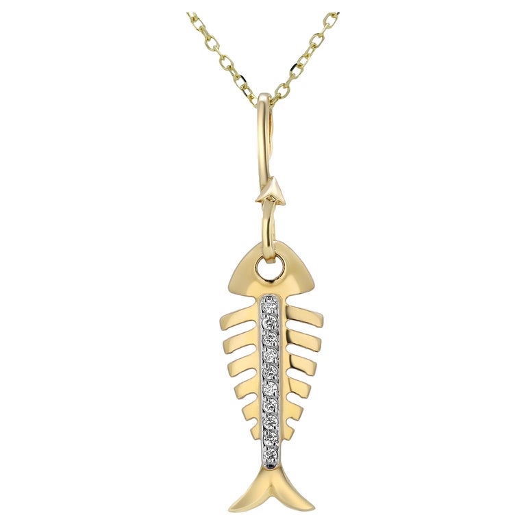 Fourteen Karat Yellow Gold Diamond Fish Charm Necklace Pendant For Sale ...