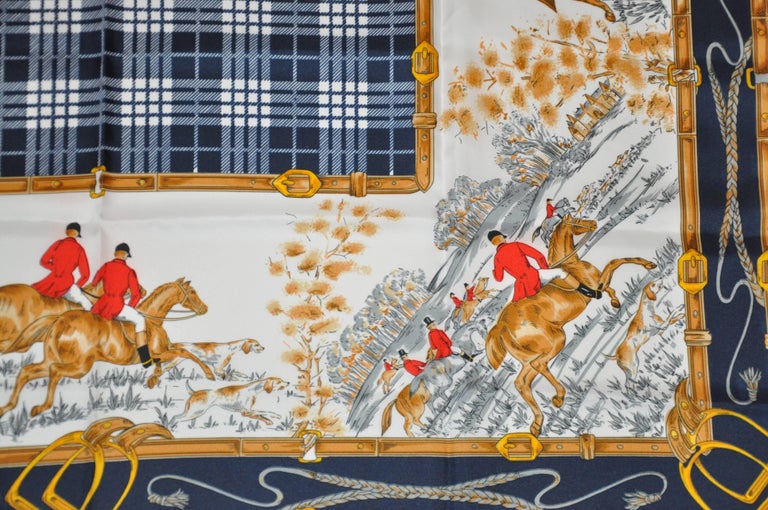 "Fox Hunting Expedition" Navy and White Plaid Center Hand-Rolled Silk ...