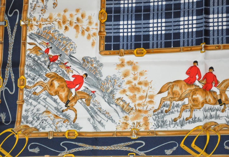 "Fox Hunting Expedition" Navy and White Plaid Center Hand-Rolled Silk ...